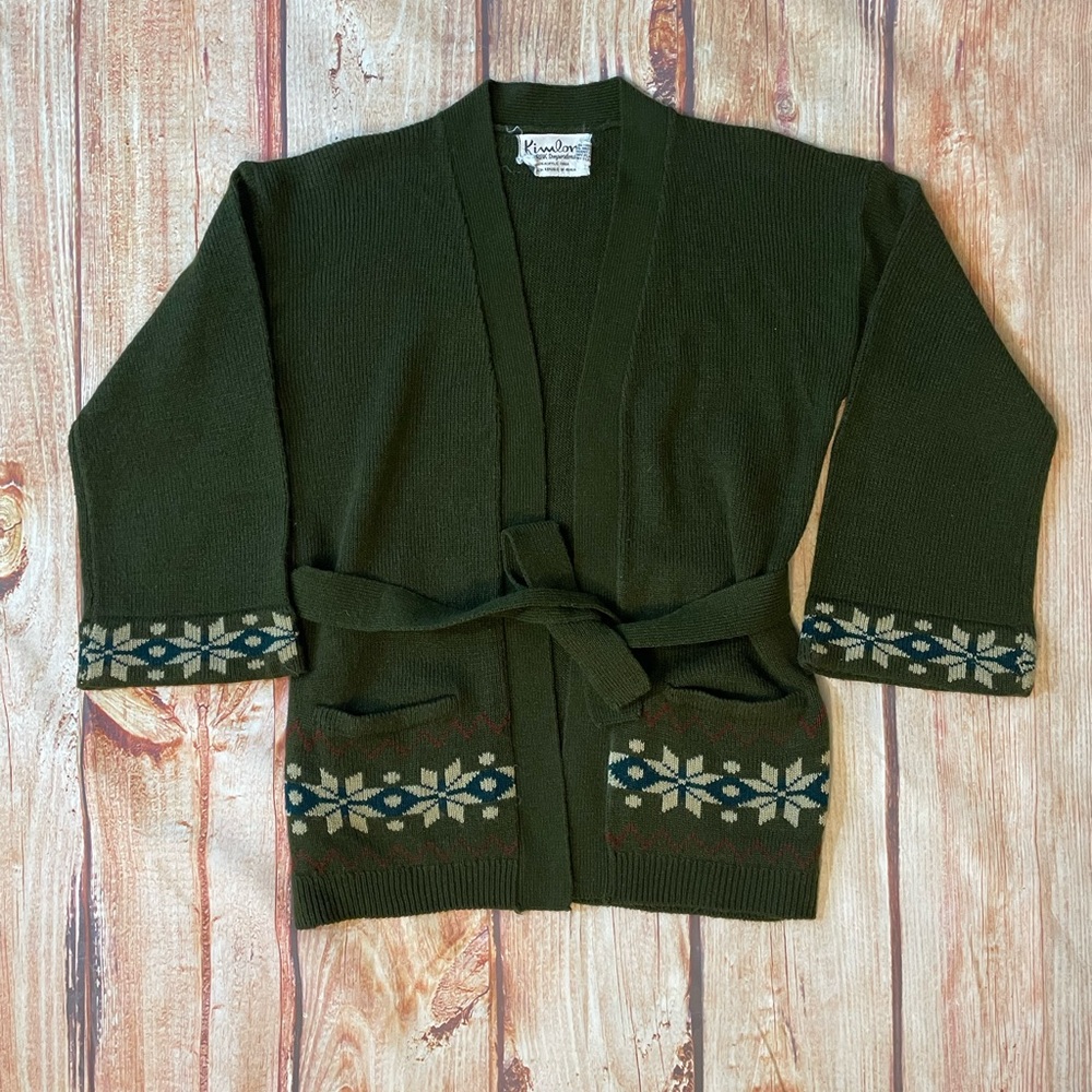 Kimlon Vintage 1970s Sweater Cardigan Green Snowflake… - Gem